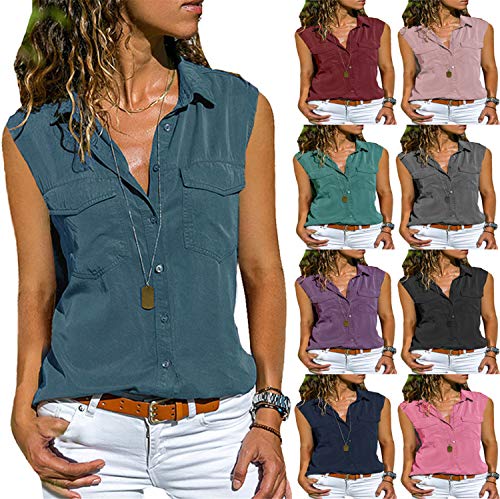 Andongnywell Women's Sleeveless Solid Color Button Shirts Simple Buttons Cardigan Formal Casual Shirt Blouse (Blue,6,3X-Large)