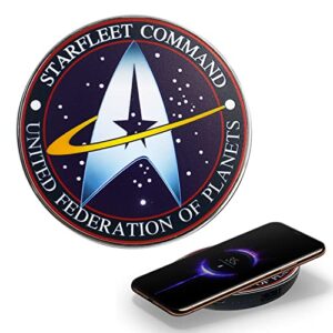 star trek qi wireless charger with built-in backup battery pack for wired and wireless charging. portable wireless phone charger with starfleet illuminated logo. startrek gifts, collectibles, gadgets