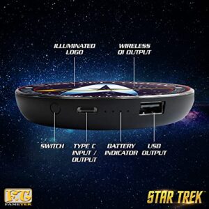 Star Trek Qi Wireless Charger with Built-in Backup Battery Pack for Wired and Wireless Charging. Portable Wireless Phone Charger with Starfleet Illuminated Logo. StarTrek Gifts, Collectibles, Gadgets