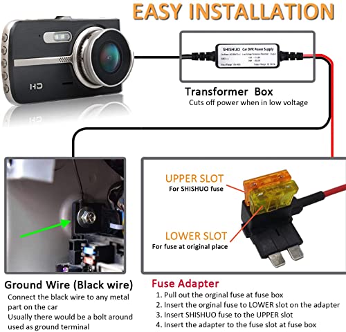 Dash Cam Hardwire Kit - Mini USB and Micro USB Port Extended 4m/13ft Cable with LP Mini/Mini/ATO/Micro2 Fuse, 12V to 24V Input, 5V Output for Dash Cam GPS Sat-Nav with Battery Drain Protection