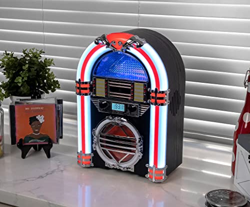 VICTOR Broadway Desktop Bluetooth Jukebox with CD Player, FM Radio, Built-in Stereo Speakers, and Color Changing LED Lighting, Black