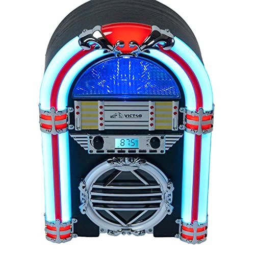 VICTOR Broadway Desktop Bluetooth Jukebox with CD Player, FM Radio, Built-in Stereo Speakers, and Color Changing LED Lighting, Black