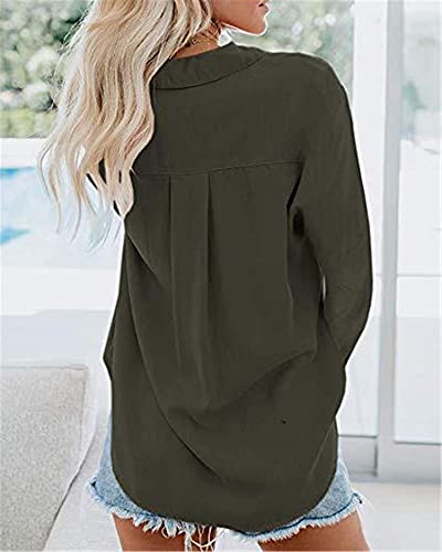 Andongnywell Women Solid Color Long Sleeve V Neck Shirts Button Down Basic Tops V-Neck Button Shirt (Green,8,5X-Large)