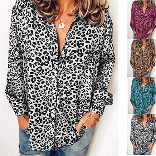 Andongnywell Women's Button Leopard Printed Long Sleeve Tunic Blouse Tops Shirts Tunics t Shirts (White,5,XX-Large)