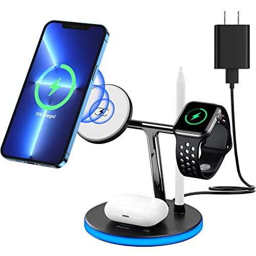 Magnetic Wireless Charging Station, KOOPAO 4 in 1 Fast Charger Dock Stand Compatible with iPhone 12/13,Pro, Pro Max, Mini, iWatch 7/6/SE/5/4/3/2, AirPods 2/ Pro, 1ST Pencil (with QC 3.0 Adapter)