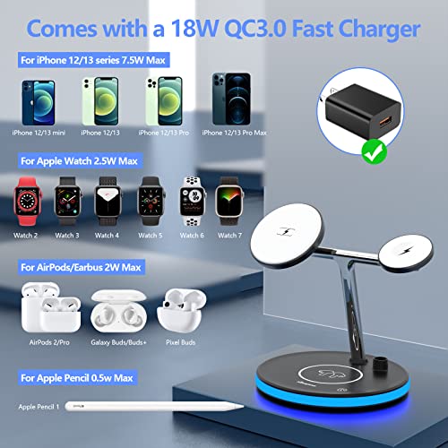 Magnetic Wireless Charging Station, KOOPAO 4 in 1 Fast Charger Dock Stand Compatible with iPhone 12/13,Pro, Pro Max, Mini, iWatch 7/6/SE/5/4/3/2, AirPods 2/ Pro, 1ST Pencil (with QC 3.0 Adapter)