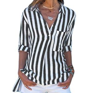 Andongnywell Women's Tops Button Cardigan Shirts Casual Long Sleeve Stripe Blouse for Summer Business V Neck Work (Black,1,Small)