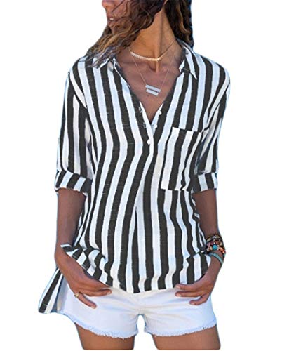 Andongnywell Women's Tops Button Cardigan Shirts Casual Long Sleeve Stripe Blouse for Summer Business V Neck Work (Black,1,Small)