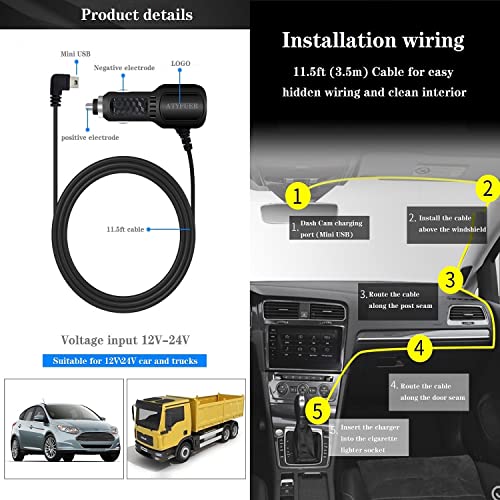 Dash Cam Charger Cable ，Garmin Charging Cable，Garmin Power Cable， for Garmin Dash Cam, Garmin GPS, MP3 Player，Garmin GPS Navigator, for 12V-24V Car and Truck Car Power Adapter Cable