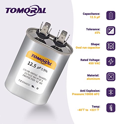 12.5 MFD Capacitor for AC,12.5uF ±5% 370VAC/440 Volt CBB65 Oval Run Start Capacitor for Air Conditioner Condenser Straight Cool or AC Motor and Fan Starting or Heat Pump Air Conditioner