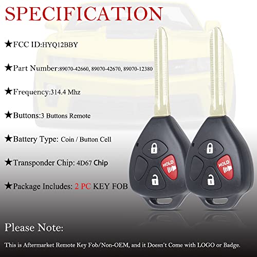 Key Fob Remote Replacement Fits for Scion XB 2008 2009 2010 2011 2012 2013/Toyota Rav4 2006 2007-2010 HYQ12BBY Keyless Entry Remote Control 89070-42660 89070-42670 89070-12380 4D67 Chip(Pack of 2)