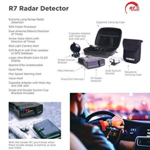 Uniden R7 EXTREME LONG RANGE Laser/Radar Detector, Built-in GPS w/ Real-Time Alerts, Dual-Antennas Front & Rear w/Directional Arrows, Voice Alerts, Red Light Camera and Speed Camera Alerts