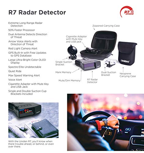 Uniden R7 EXTREME LONG RANGE Laser/Radar Detector, Built-in GPS w/ Real-Time Alerts, Dual-Antennas Front & Rear w/Directional Arrows, Voice Alerts, Red Light Camera and Speed Camera Alerts