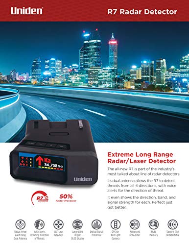 Uniden R7 EXTREME LONG RANGE Laser/Radar Detector, Built-in GPS w/ Real-Time Alerts, Dual-Antennas Front & Rear w/Directional Arrows, Voice Alerts, Red Light Camera and Speed Camera Alerts