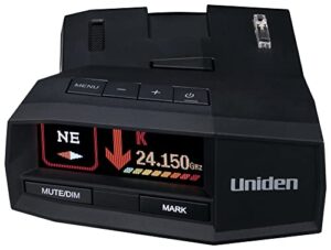 uniden r8 extreme long-range radar/laser detector, dual-antennas front & rear detection w/directional arrows, built-in gps w/real-time alerts, voice alerts, red light camera and speed camera alerts