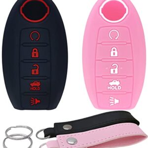 waymei Silicone Key Fob Cover Remote Keyless Case Protector Compatible with Nissan Altima Armada Maxima Murano Pathfinder Rogue Sedan KR5S180144014 285E3-3TP5A (5 Buttons Black & Pink)