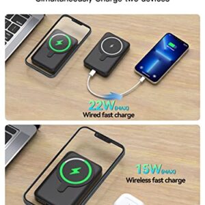 NEWDERY Magnetic Wireless Portable Charger, 10000mAh Mag-Safe Battery Pack 15W Fast Charging, PD 22W USB-C Power Bank Foldable Stand Compatible iPhone 14/13/12 Pro Max Plus Mini-Black