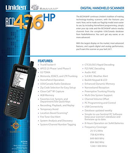 Uniden BCD436HP HomePatrol Series Digital Handheld Scanner. TrunkTracker V, Simple Programming, S.A.M.E. Emergency/Weather Alert, Covers USA and Canada