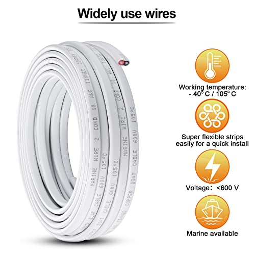 10 Gauge Wire,iGreely 10 Gauge Marine Wire 30FT 10AWG Tinned Copper Boat Cable,2 Core Insulated Duplex Marine Stranded Cable for Automotive Boat Marine Speakers Solar Outdoors Wiring