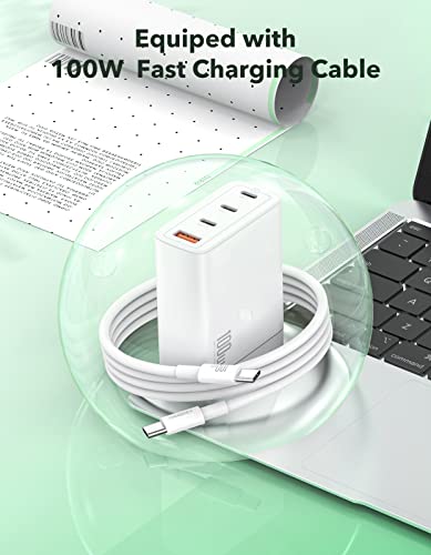 100W USB C Charger, THREEKEY 4-Port GaN Foldable Fast Charger Block with 100W 3.3FT C to C Cable, Compatible with MacBook Pro/Air,iPhone 14/13/12,iPad Pro/Mini/Air,Galaxy S22/21,Laptop and More.