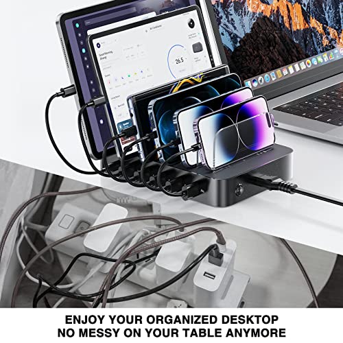 Charging Station for Multiple Devices, 6 Ports USB Charging Station with PD 20W USB-C & 8 Mixed Short Cables, 50W Multi USB Charger Station Compatible with iPhone, iPad, Cell Phone, Tablets