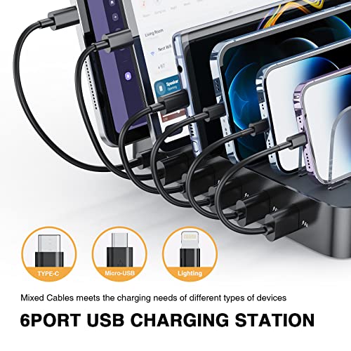 Charging Station for Multiple Devices, 6 Ports USB Charging Station with PD 20W USB-C & 8 Mixed Short Cables, 50W Multi USB Charger Station Compatible with iPhone, iPad, Cell Phone, Tablets