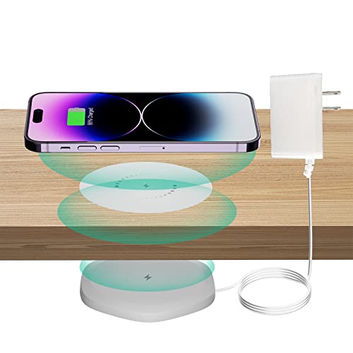 KPON Invisible Wireless Charger - 30mm Under Table Wireless Charger - Furniture Desk Wireless Charging Station for iPhone 14/13/12/11/X/8 and All Wireless Phones/Earbuds (with QC Adapter)-White