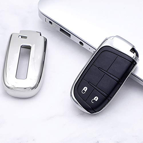 Soft TPU Key Fob Cover Case Fit for Jeep Compass Grand Cherokee Renegade Chrysler 200 300 Dodge Challenger Charger Durango Journey Fiat Accessories Remote Holder Skin Jacket Protector (Silver)