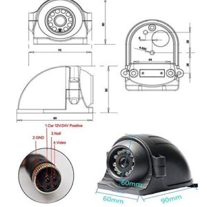 Vehicle Backup Side View Camera 12V/24V 12 LED IR Night Vision 4 Pin Reverse Rear View Camera Waterproof IP68 with 5m Video Cable for Truck Bus Trailer RV 5th Wheel Heavy Duty