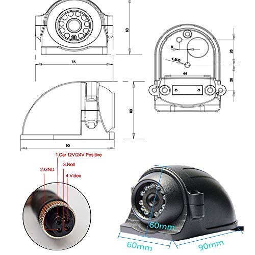 Vehicle Backup Side View Camera 12V/24V 12 LED IR Night Vision 4 Pin Reverse Rear View Camera Waterproof IP68 with 5m Video Cable for Truck Bus Trailer RV 5th Wheel Heavy Duty