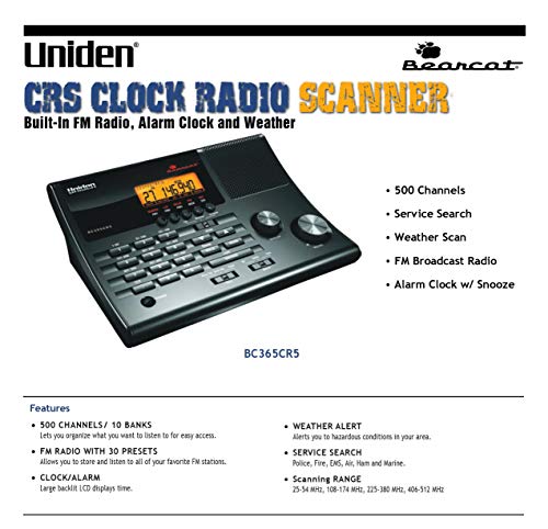 Uniden BC365CRS 500 Channel Scanner and Alarm Clock with Snooze, Sleep, and FM Radio with Weather Alert, Search Bands Commonly used for Police, Fire/EMS, Aircraft, Radio, and Marine Transmissions