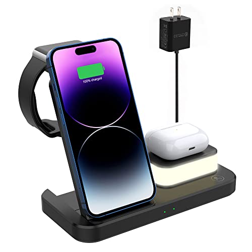 Wireless Charging Station Compatible with Apple iWatch8/Ultra/7/SE/6/5/4/3/2, 3 in 1 Wireless Charger Nightlight for Airpods 2/3/Pro iPhone 14 Plus/13/12/Pro MAX/Mini/11/XS/XR/8 and Samsung(Black)