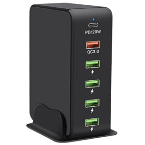 fotirax multi ports 65w usb fast charging station, 6-port desktop usb wall charger for ipad, iphone 14/13/12/11/xs max series,earphone,block(black)