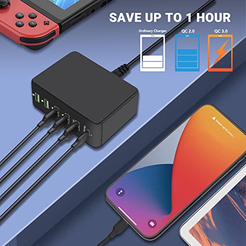 Fotirax Multi Ports 65W USB Fast Charging Station, 6-Port Desktop USB Wall Charger for iPad, iPhone 14/13/12/11/xs max Series,Earphone,Block(Black)