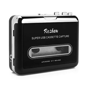 reshow cassette player – portable tape player captures mp3 audio music via usb – compatible with laptops and personal computers – convert walkman tape cassettes to ipod format (black)