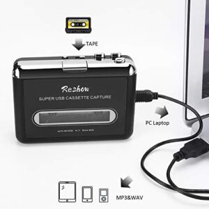 Reshow Cassette Player – Portable Tape Player Captures MP3 Audio Music via USB – Compatible with Laptops and Personal Computers – Convert Walkman Tape Cassettes to iPod Format (Black)