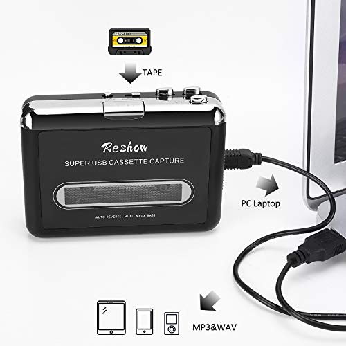 Reshow Cassette Player – Portable Tape Player Captures MP3 Audio Music via USB – Compatible with Laptops and Personal Computers – Convert Walkman Tape Cassettes to iPod Format (Black)