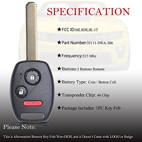 Key Fob Remote Replacement Fits Honda CR-V 2007 2008 2009 2010 2011 2012 2013/CR-Z 2007- 2014 2015/Fit/Insight/Accord Coupe/Crosstour MLBHLIK-1T Keyless Entry Remote Control 35111-SWA-306