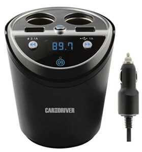 car and driver bluetooth fm transmitter cup holder for car with built-in dual usb fast charging ports & dual cigarette lighter 12v power sockets. audio adapter receiver wireless. handsfree car kit