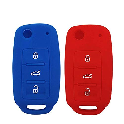 LemSa 2Pcs Keyless Entry Remote Car Flip Key Fob Outer Shell Cover Soft Rubber Protective Case for VW Volkswagen Jetta GTI Passat Golf Tiguan Touareg Beetle, Red+Blue