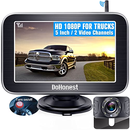 DoHonest Wireless Backup Camera HD 1080P 5“ Split Screen Monitor System for Truck Car Camper Small RV Bluetooth Rear View Cam 2.4G Stable Digital Signal Two Channels Night Vision Waterproof V25