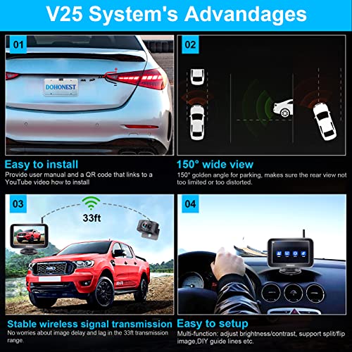 DoHonest Wireless Backup Camera HD 1080P 5“ Split Screen Monitor System for Truck Car Camper Small RV Bluetooth Rear View Cam 2.4G Stable Digital Signal Two Channels Night Vision Waterproof V25