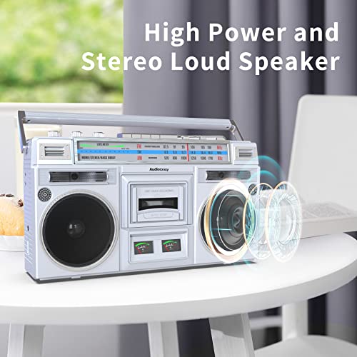 Retro Boombox Cassette Player AM/FM Shortwave Radio, Portable Cassette Tape Player Recorder, Wireless Streaming, USB/Micro SD Slots Guitar/Aux in, Convert Cassettes to USB Classic 80s Style (Silver-S)