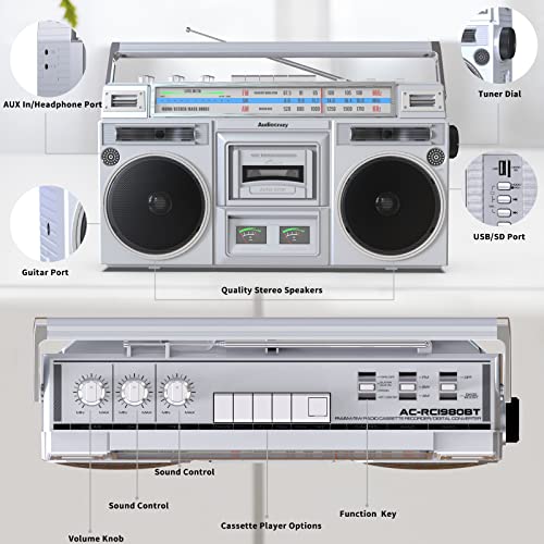 Retro Boombox Cassette Player AM/FM Shortwave Radio, Portable Cassette Tape Player Recorder, Wireless Streaming, USB/Micro SD Slots Guitar/Aux in, Convert Cassettes to USB Classic 80s Style (Silver-S)