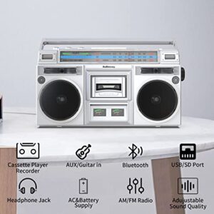 Retro Boombox Cassette Player AM/FM Shortwave Radio, Portable Cassette Tape Player Recorder, Wireless Streaming, USB/Micro SD Slots Guitar/Aux in, Convert Cassettes to USB Classic 80s Style (Silver-S)