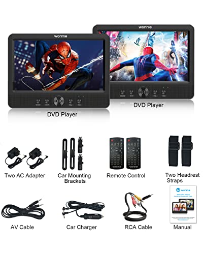 WONNIE 10.5" Two DVD Players Dual Screen for Car Portable CD Player Play a Same or Two Different Movies with Two Mounting Brackets, 5-Hour Rechargeable Battery, Support USB/SD Card Reader