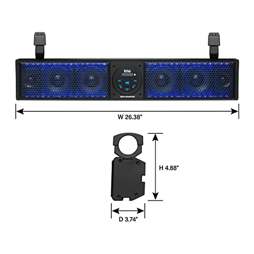 BOSS Audio Systems BRT26RGB ATV UTV Sound Bar System - 26 Inches Wide, IPX5 Rated Weatherproof, Bluetooth Audio, Amplified, 4 inch Speakers, 1 Inch Tweeters, USB Port, RGB Multicolor Illumination