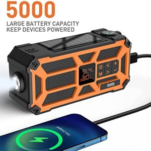 [5000mAh Waterproof] Raddy SW5 Emergency Radio, IPX5 Rechargeable Battery Hand Crank Solar Power Bank, with NOAA Weather Alert AM FM, Flashlight Compass for Power Outage Hurricane Outdoor