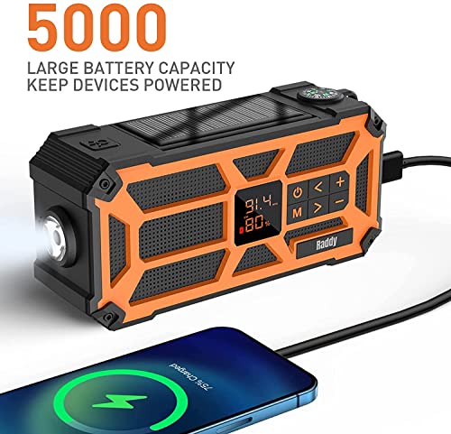 [5000mAh Waterproof] Raddy SW5 Emergency Radio, IPX5 Rechargeable Battery Hand Crank Solar Power Bank, with NOAA Weather Alert AM FM, Flashlight Compass for Power Outage Hurricane Outdoor