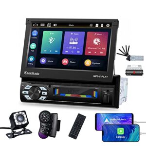 carthree single din apple carplay car stereo with bluetooth and backup camera, 7inch flip out touch screen car radio mp5 player support android auto,subwoofer mirror link,usb,tf,fm,aux-in,swc